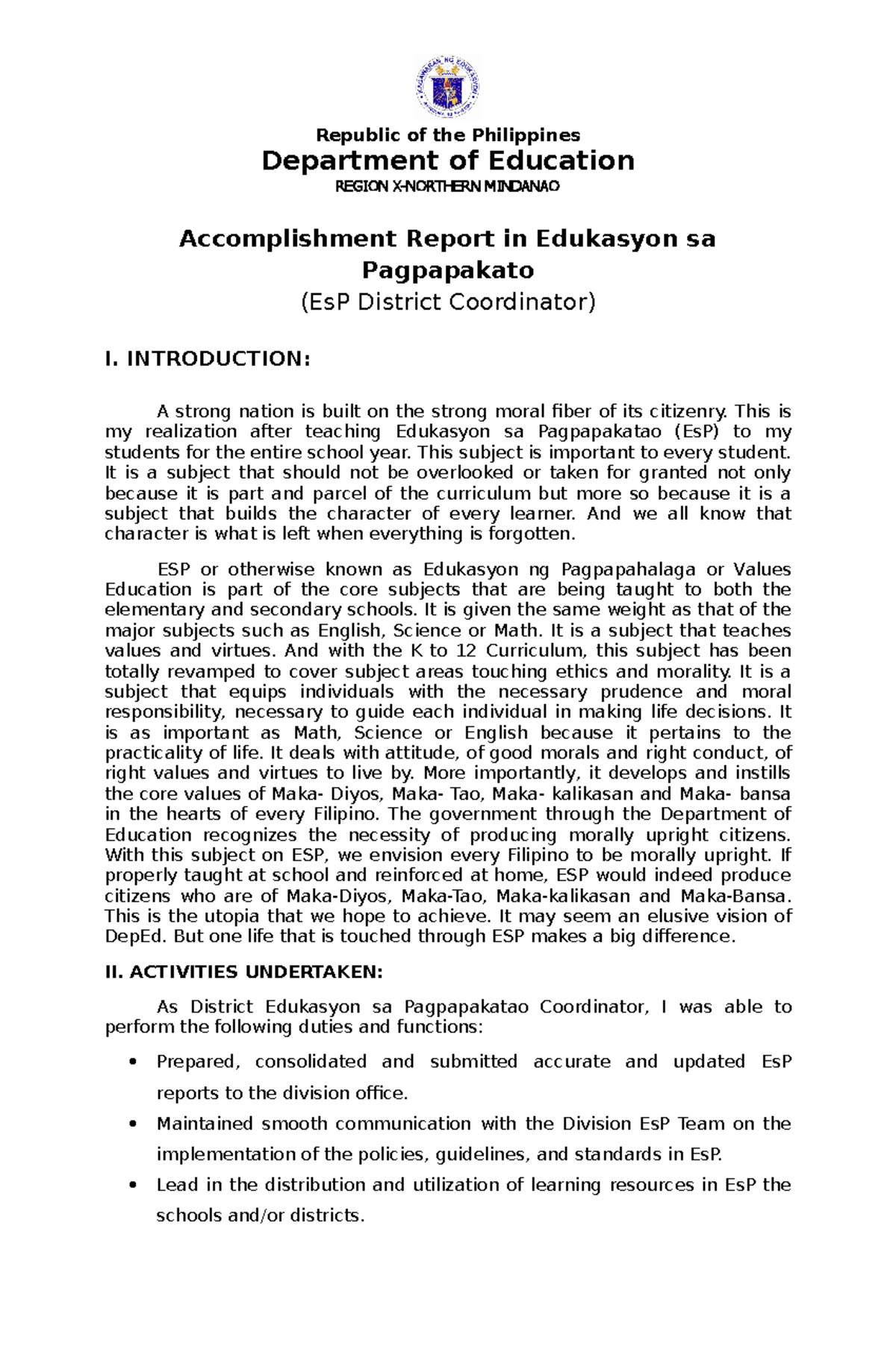 Accomplishment Report-esp - Republic of the Philippines Department of ...