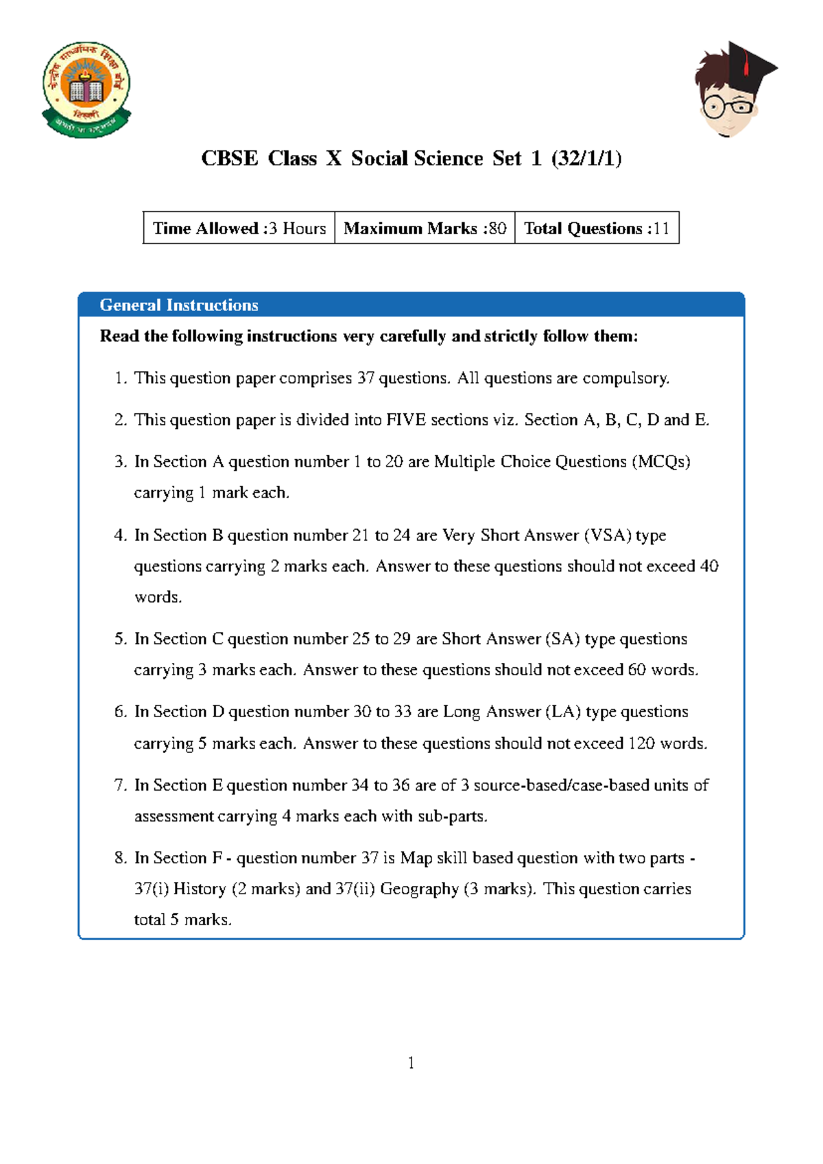 CBSE Class X Social Science Set 1 Question Paper with Answer Key 2024 ...
