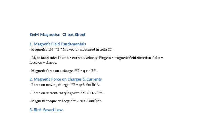Magnetism Cheat Sheet: Key Concepts & Formulas - Studocu