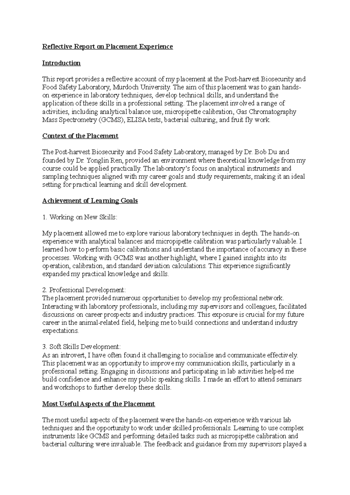 Reflective Report on Placement Experience - ANS307 - Studocu