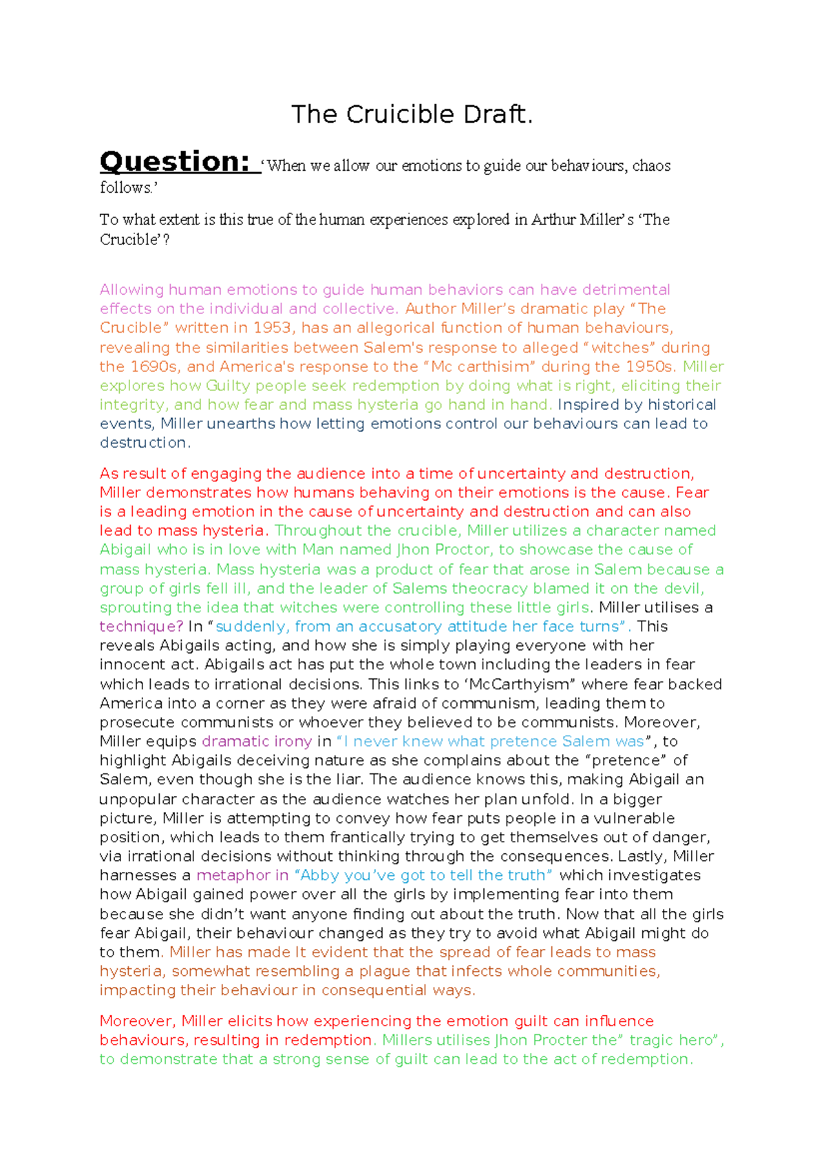 The Crucible Draft: Exploring Emotions and Human Behavior in Miller's ...