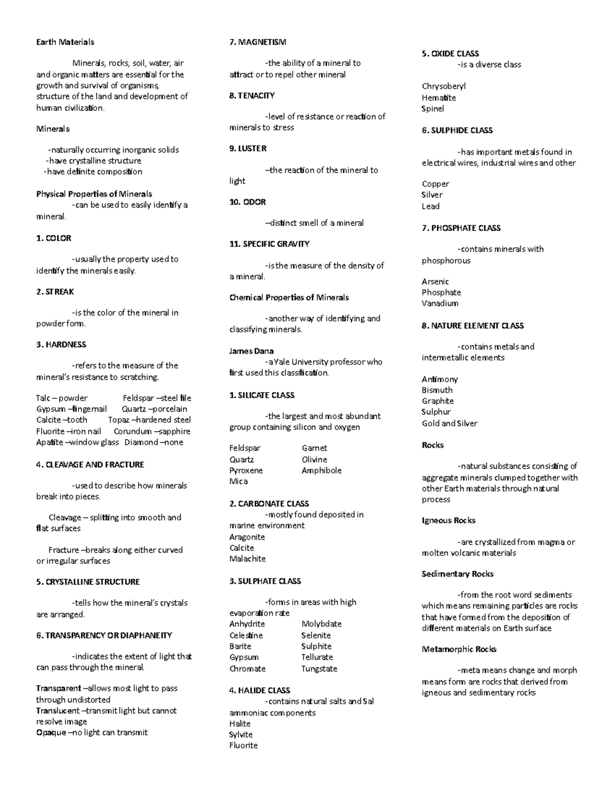 Earth Materials - Lecture Notes 1: Mineral Properties & Classification ...