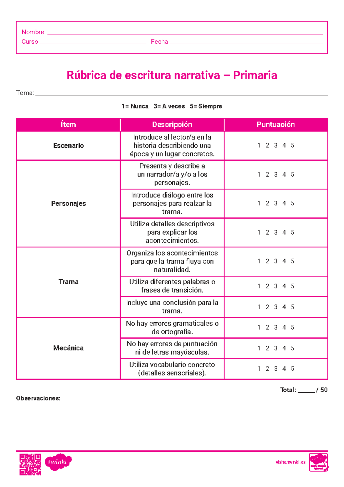Rubrica de Escritura Narrativa - Primaria - Studocu