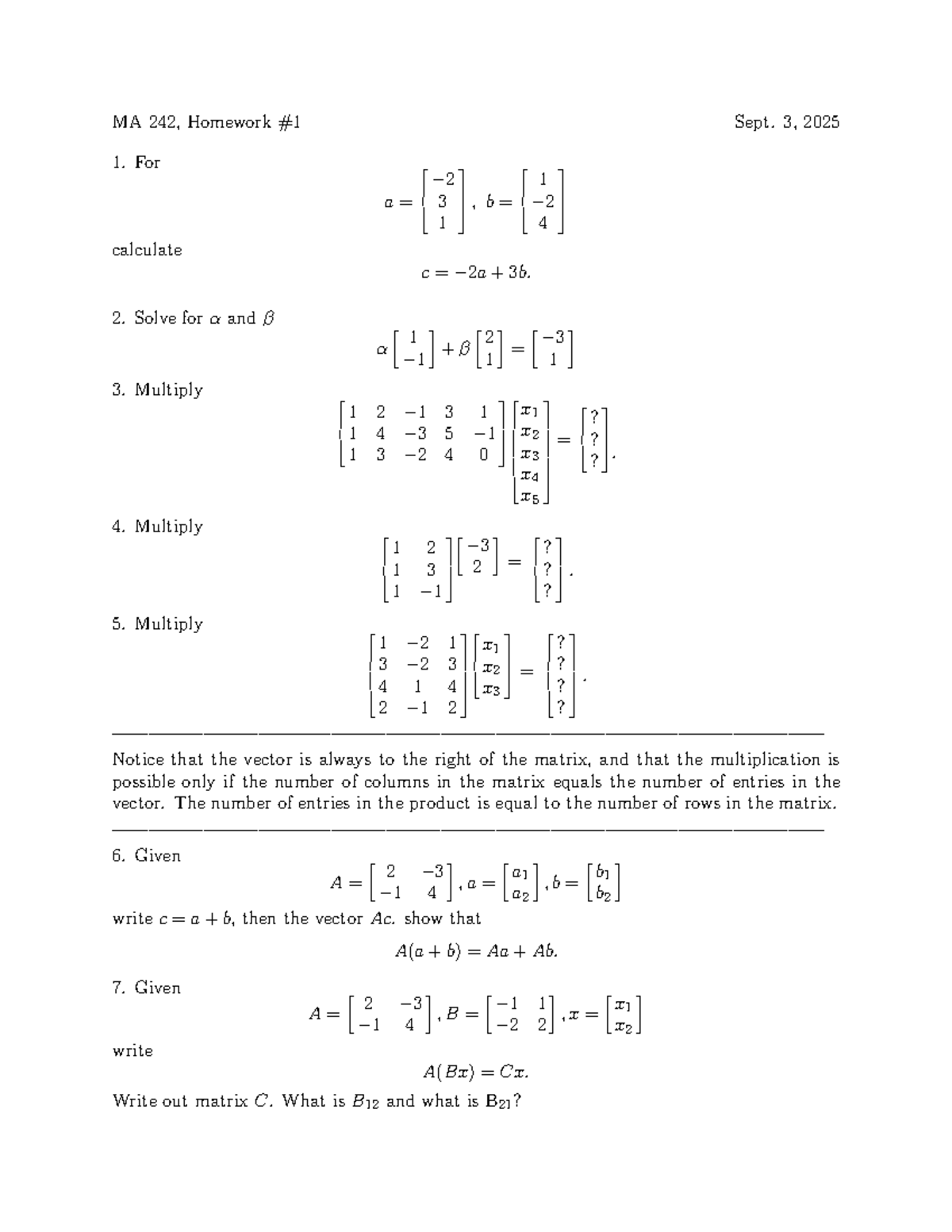 MA 242, Homework #1 - Matrix Calculations and Vector Operations - Studocu