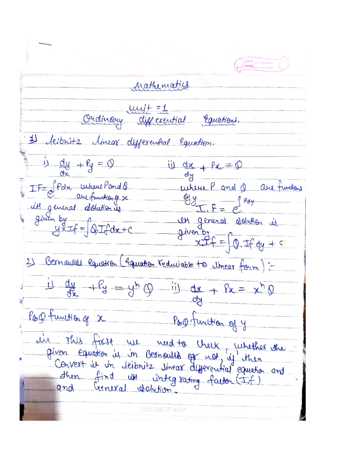 M2 formulas - DATE PAGE mathematics unit 1 Ordinary differential ...