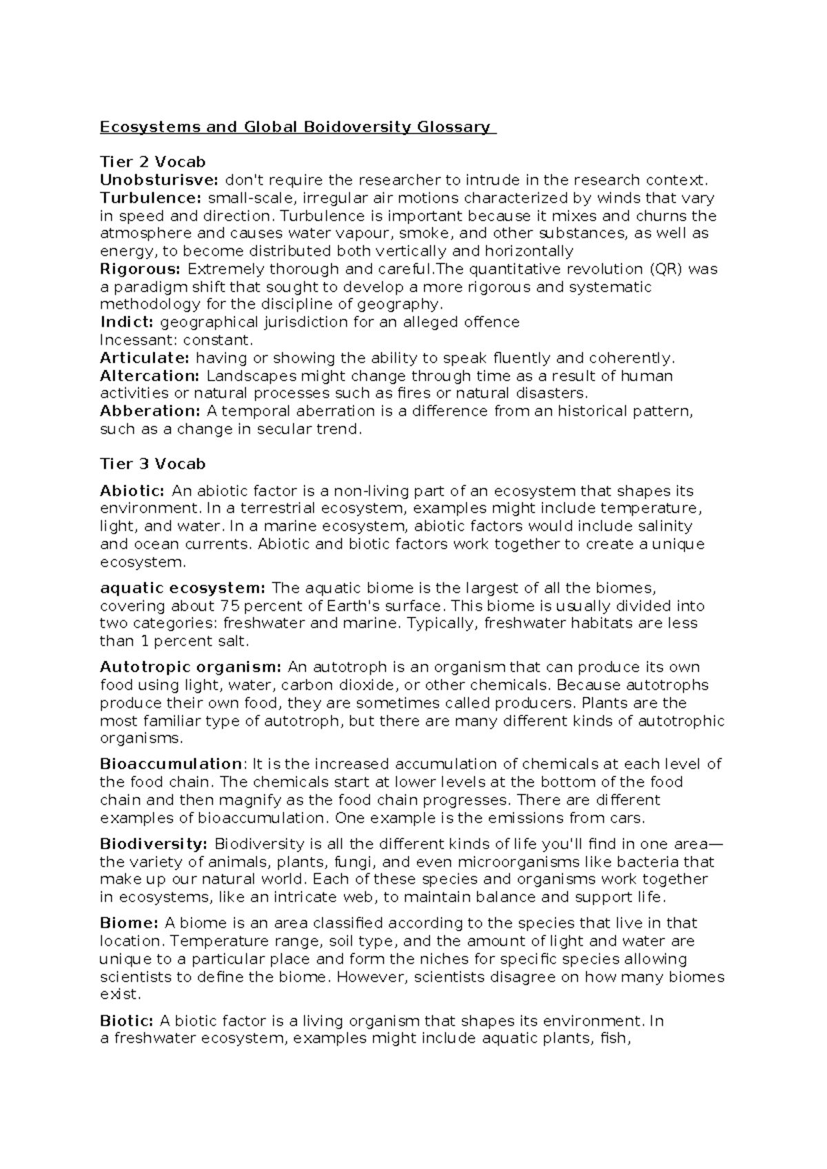 Ecosystems and Global Biodiversity Glossary: Key Terms Explained - Studocu