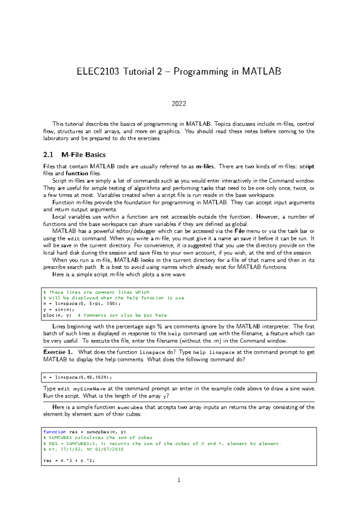 ELEC2103 Tutorial 2: Intro to MATLAB Programming (2022) - Studocu