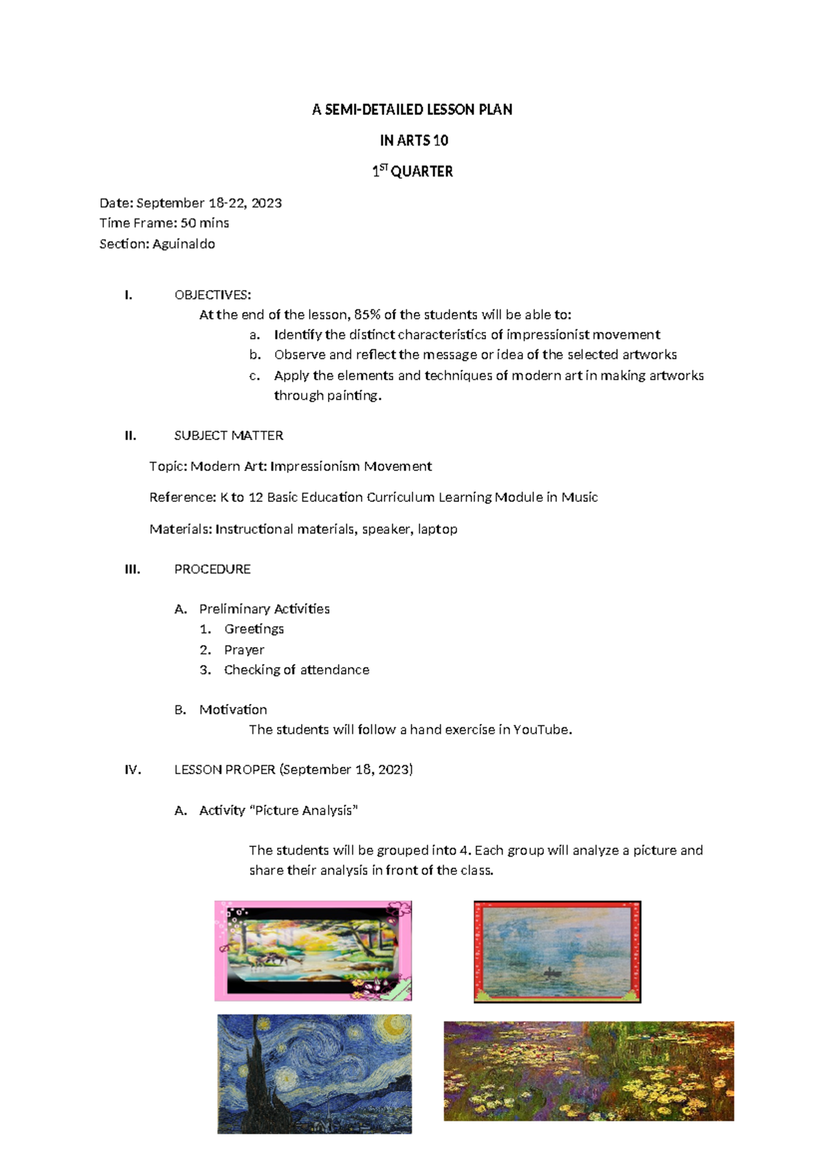 LP ARTS 10 WEEK 3 - SEMI-DETAILED LESSON PLAN ON IMPRESSIONISM - Studocu