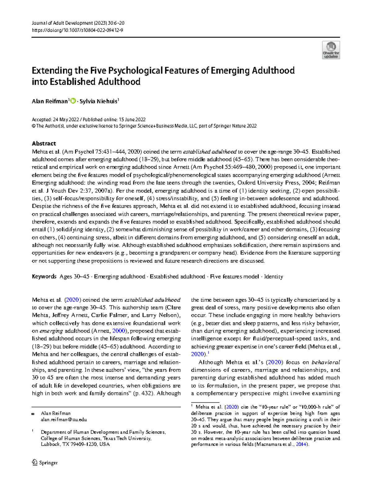Extending the Five Features of Emerging Adulthood into Established ...