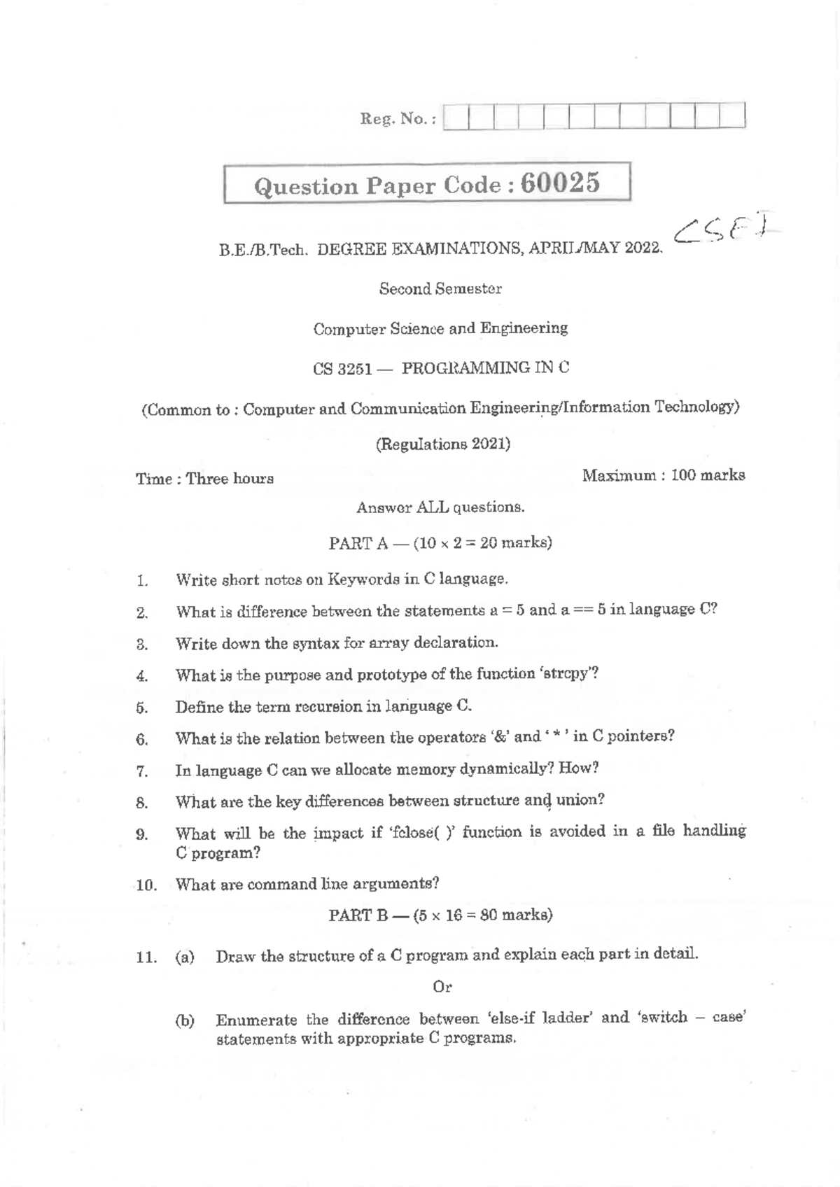 CS3251 Final Exam Question Paper - Programming in C (2022) - Studocu