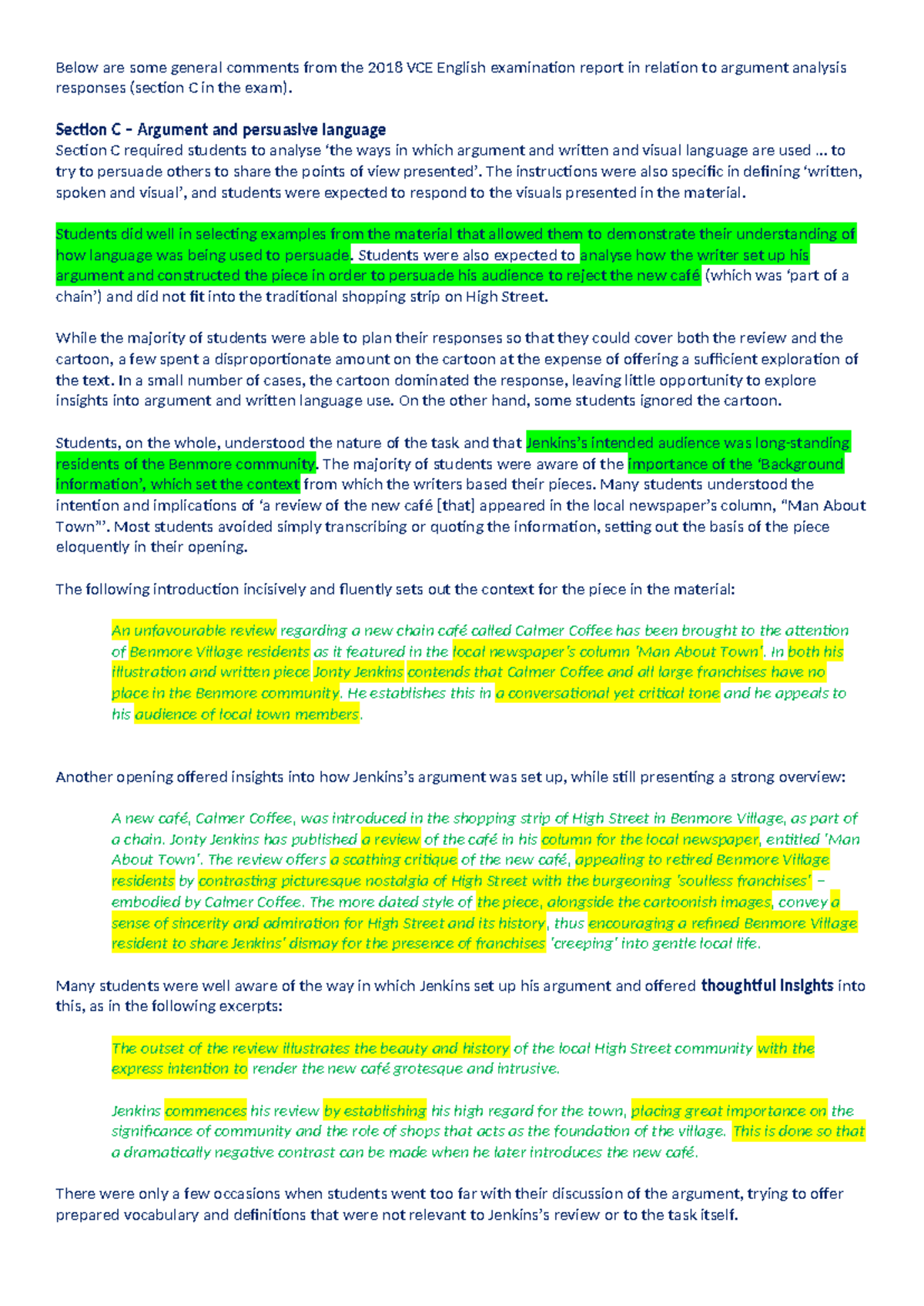 VCE English Exam 2018: Analysis of Argument - Calmer Coffee - Studocu