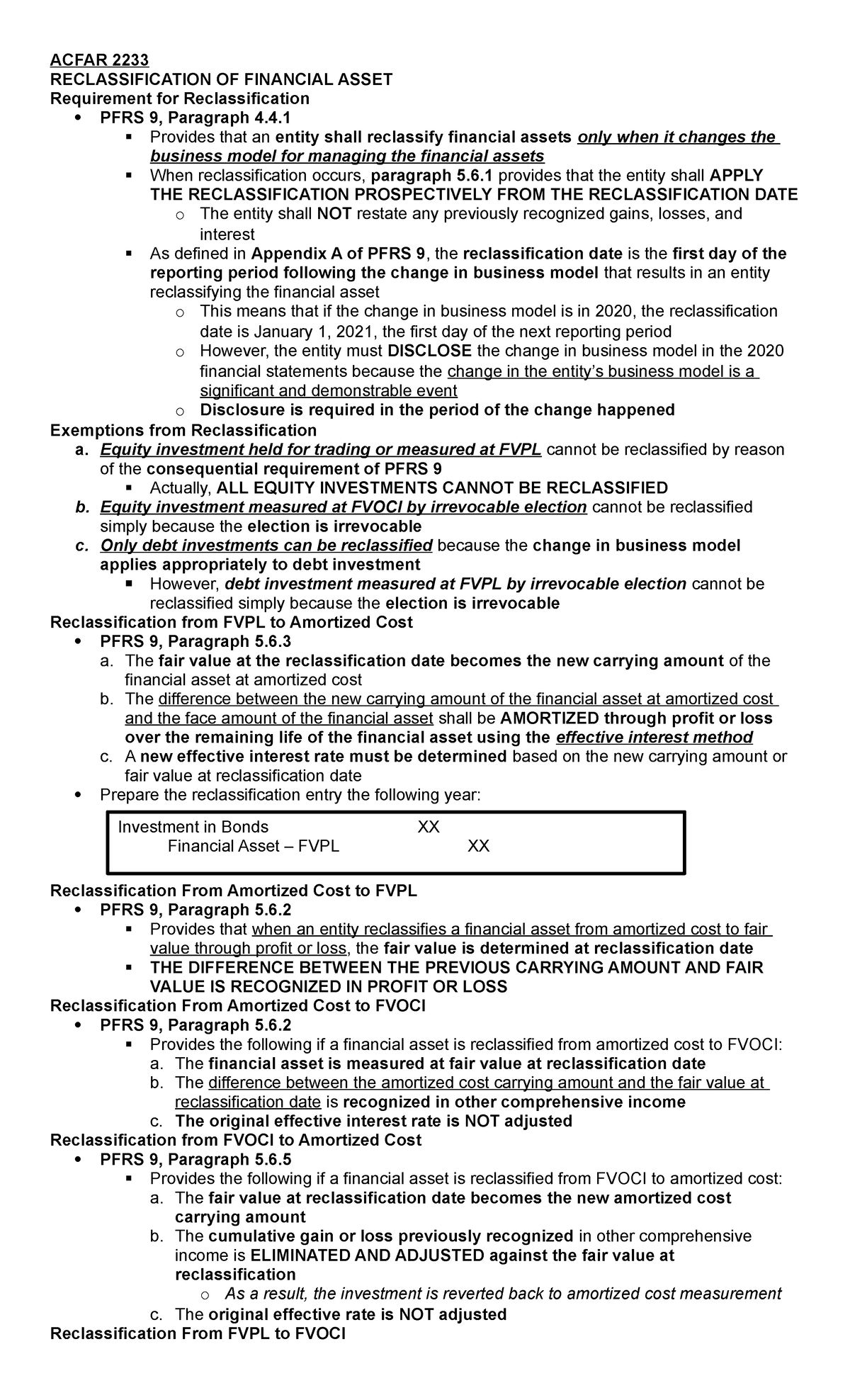 Reclassification of Financial Asset - ACFAR 2233 Lecture Notes - Studocu