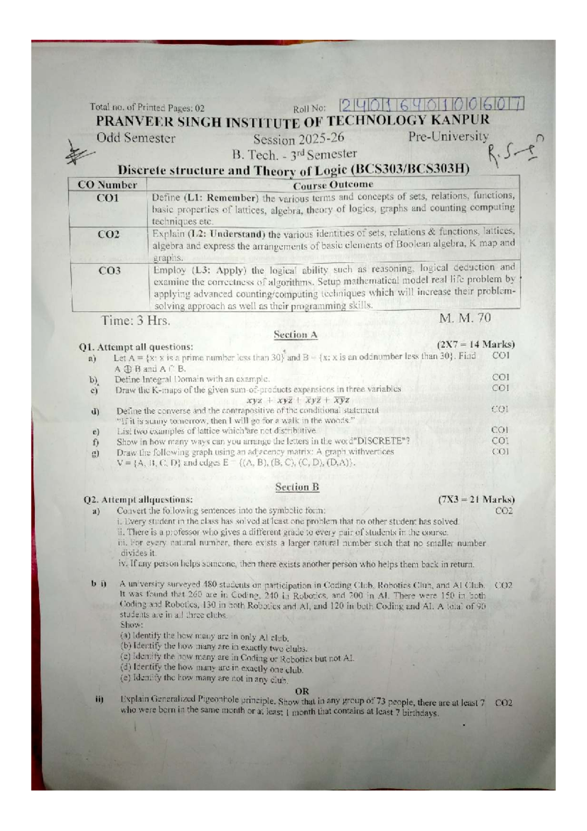 PSIT M.Tech 3rd Sem Discrete Structures & Logic Theory QP - Studocu