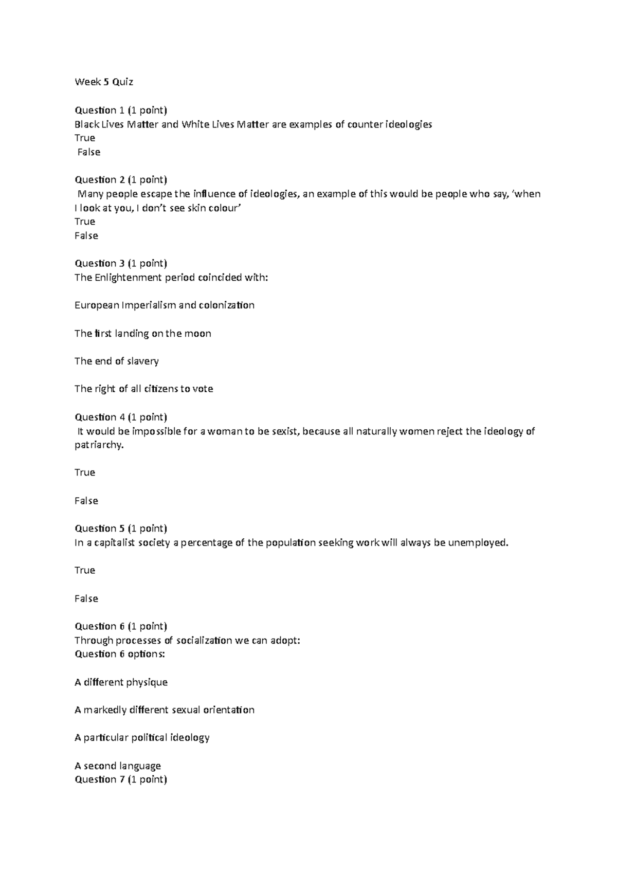 Week 5 Quiz Practice: Ideologies and Social Structures - Studocu