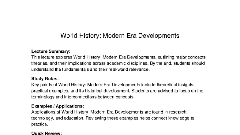 World History (HIST 201): Modern Era Developments Lecture Summary - Studocu