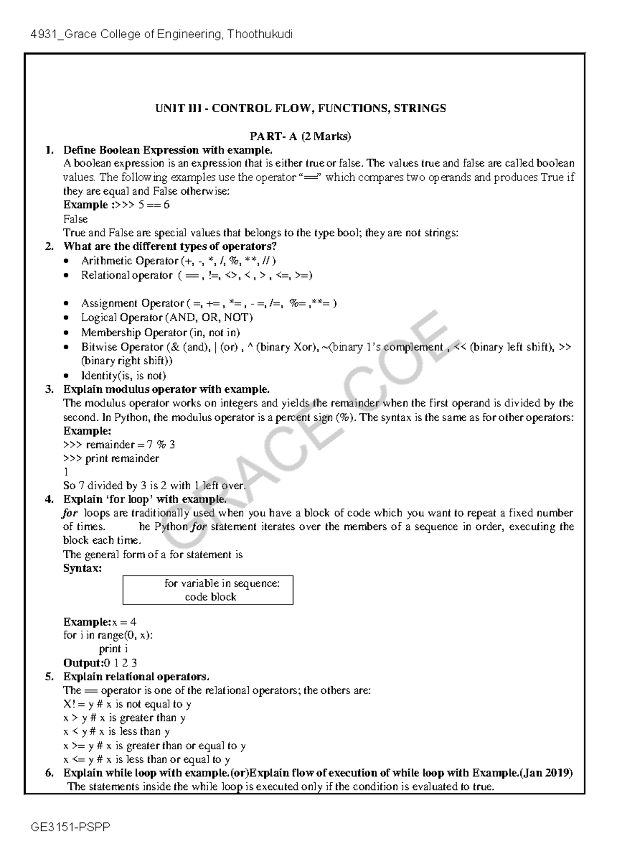 PSPP Unit-3 QB - Unitwise Question Bank(2 Marks&16 Marks) - UNIT III ...