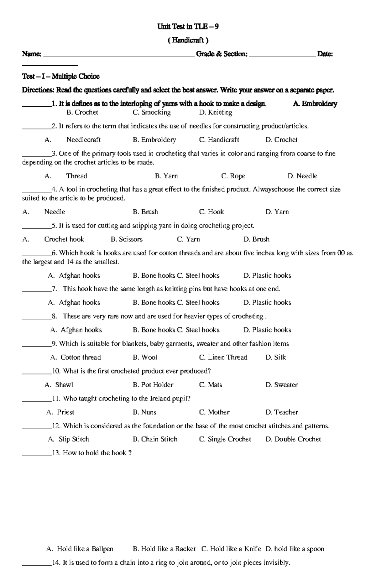Unit Test in TLE - 9: Handicraft Assessment & Quiz Questions - Studocu