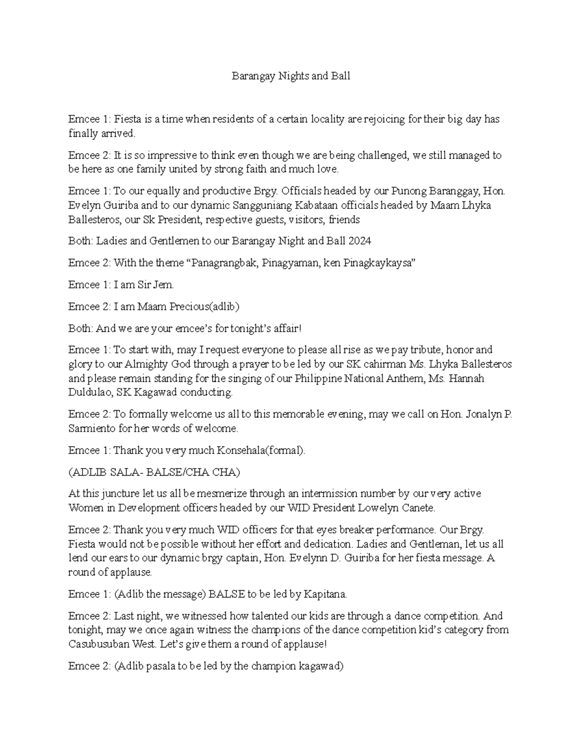 Barangay Nights and Ball 2024: Emcee Script and Highlights - Studocu