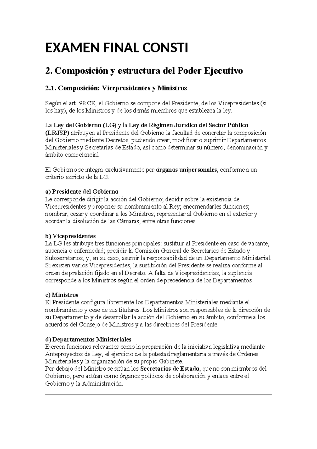 Examen Final CONSTI 2: Composición y Estructura del Poder Ejecutivo ...