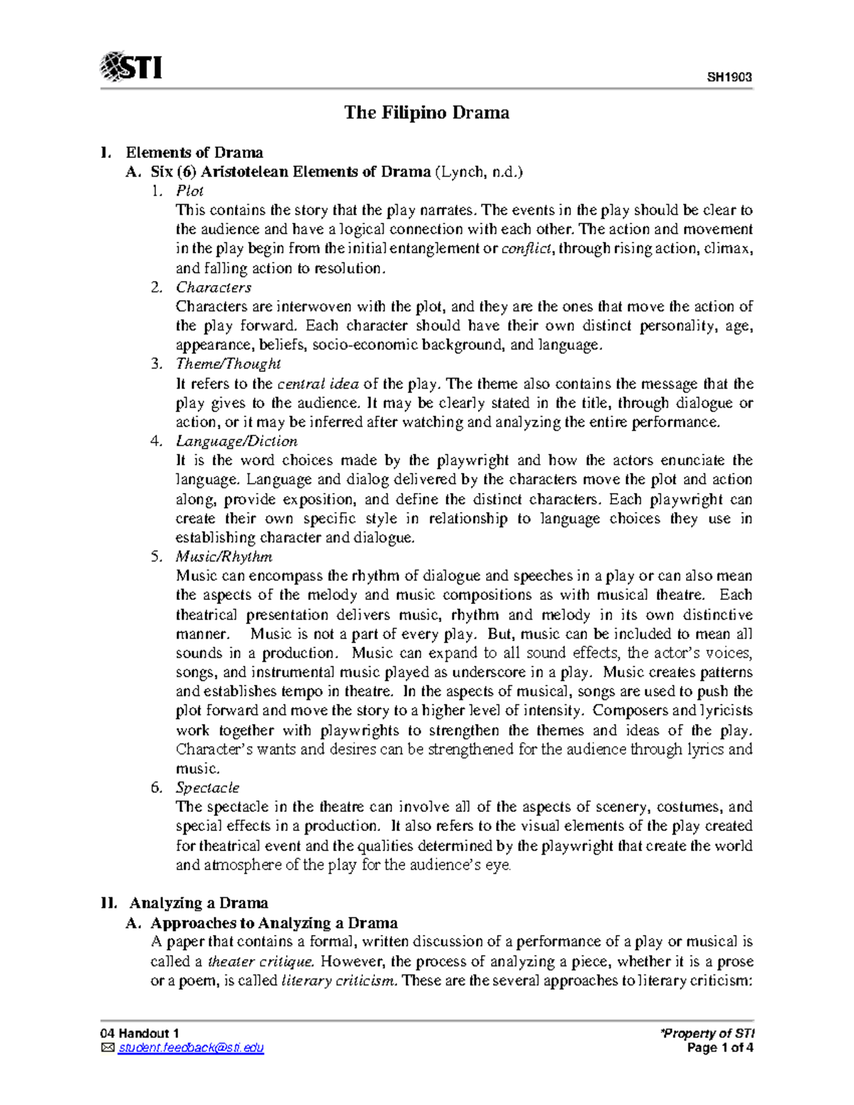 SH1903 Elements of Drama: Analyzing the Filipino Play - Studocu