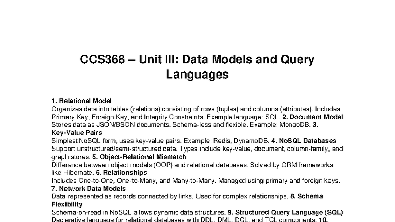CCS368 Unit 3: Data Models & Query Languages Overview - Studocu