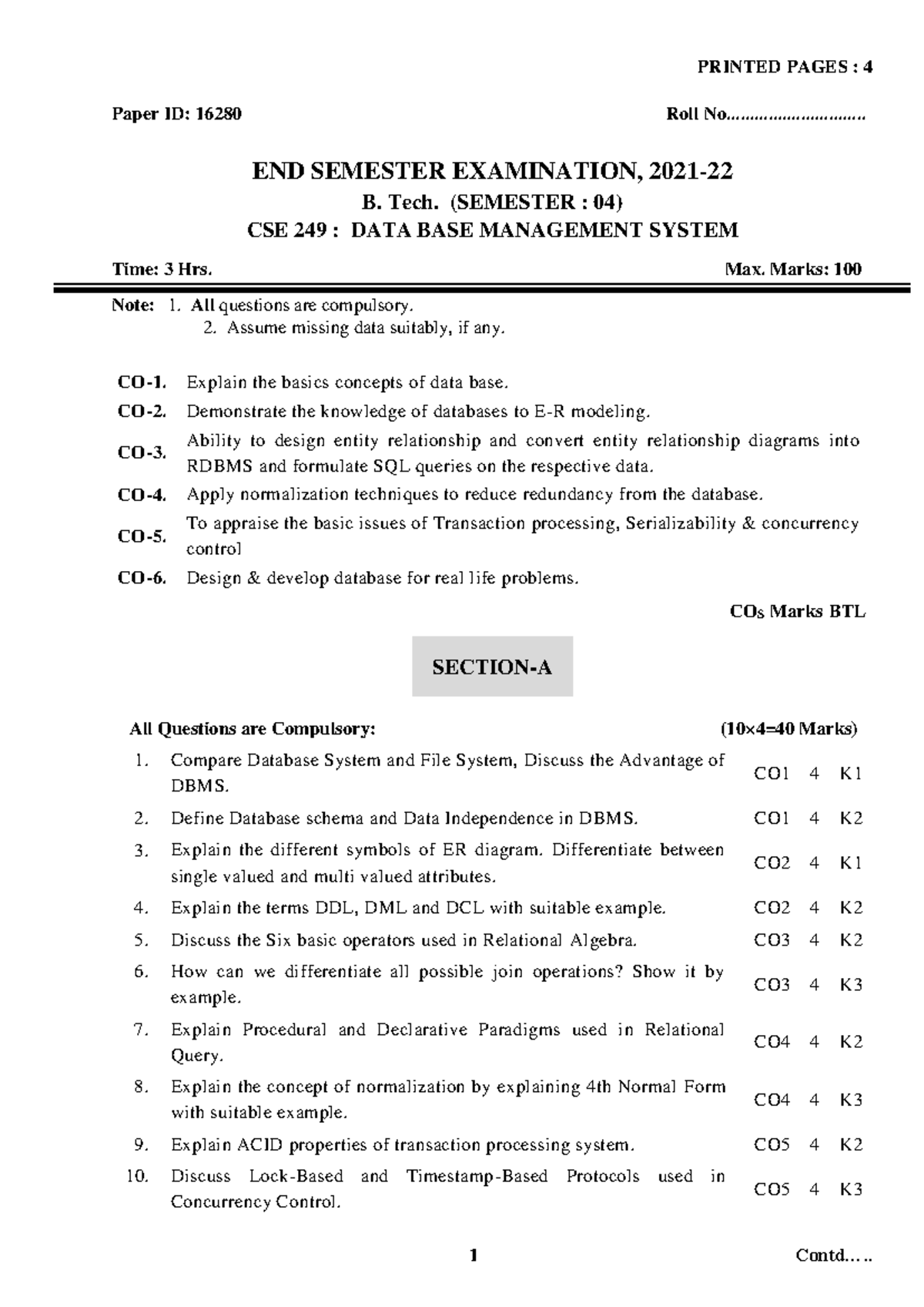 DBMS 249: End Semester Exam Paper - Data Base Management System PYQ - Studocu