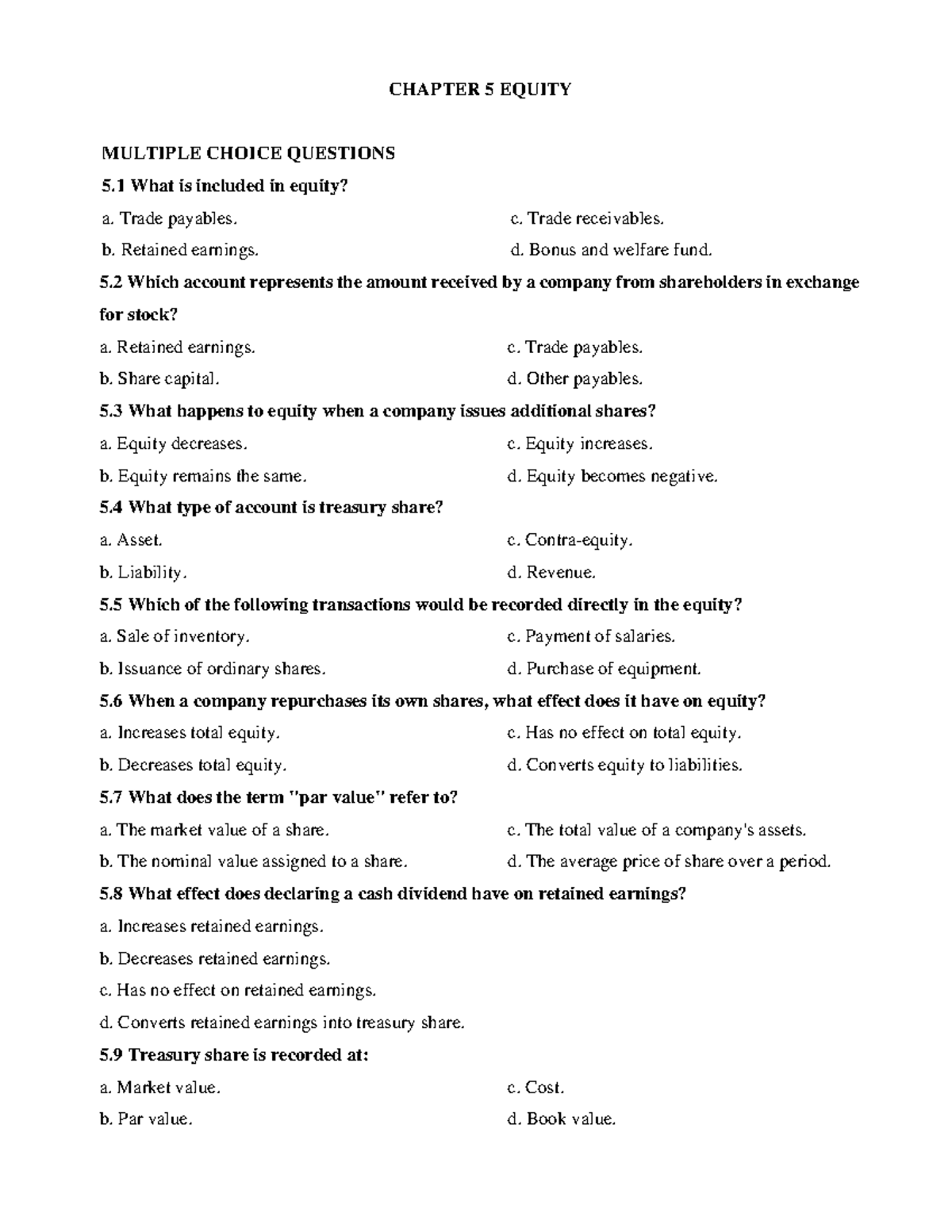Chapter 5 Exercises - Equity Fundamentals and Practice Questions - Studocu