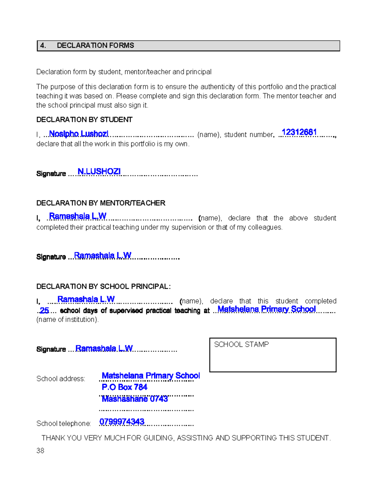 TPN2601 - Declaration and Mentor Reports for Student Portfolio - Studocu