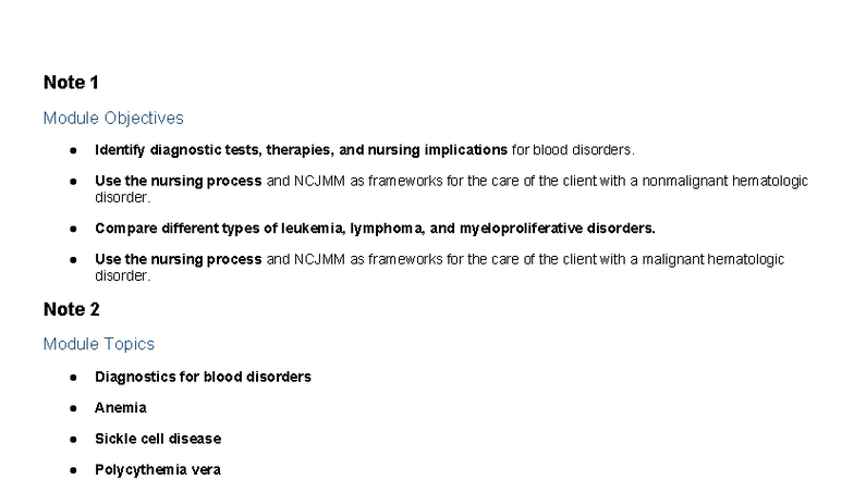 NUR 258 Module 9: Blood Disorders & Nursing Management Overview - Studocu