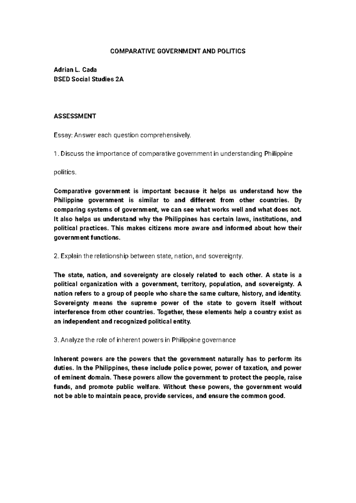 BSED Social Studies 2A: Comparative Government & Politics Assessment Essay - Studocu