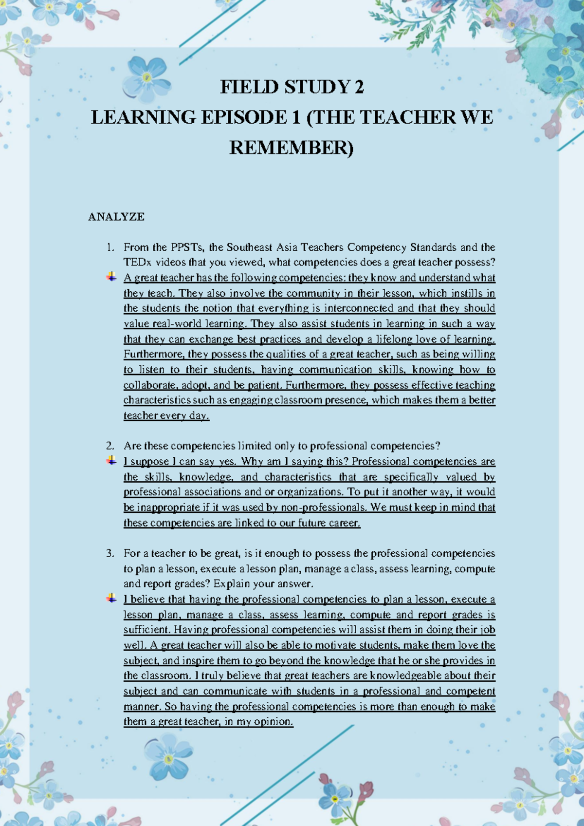 Field Study 2: Learning Episode 1 on Teacher Competencies - Studocu