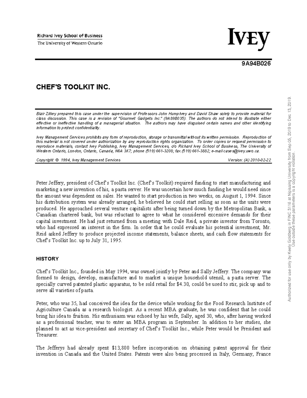 FINC 3116 - Chef's Toolkit - S w 9A94B CHEF'S TOOLKIT INC. Blair Zilkey ...