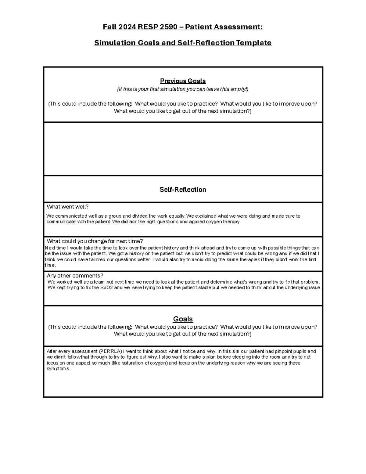 Simulation Self Reflection #1 - Fall 2024 RESP 2590 – Patient ...