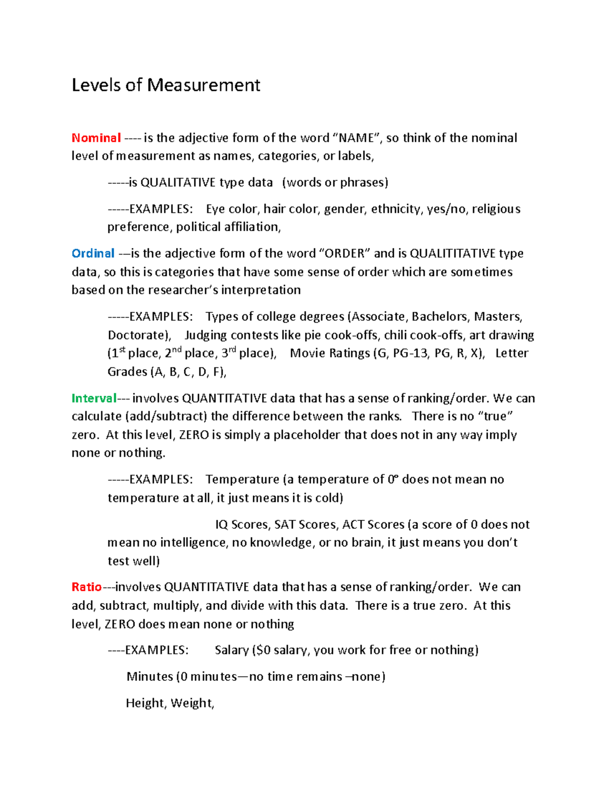 Levels of Measurement - Lecture Notes (STAT 101) - Studocu