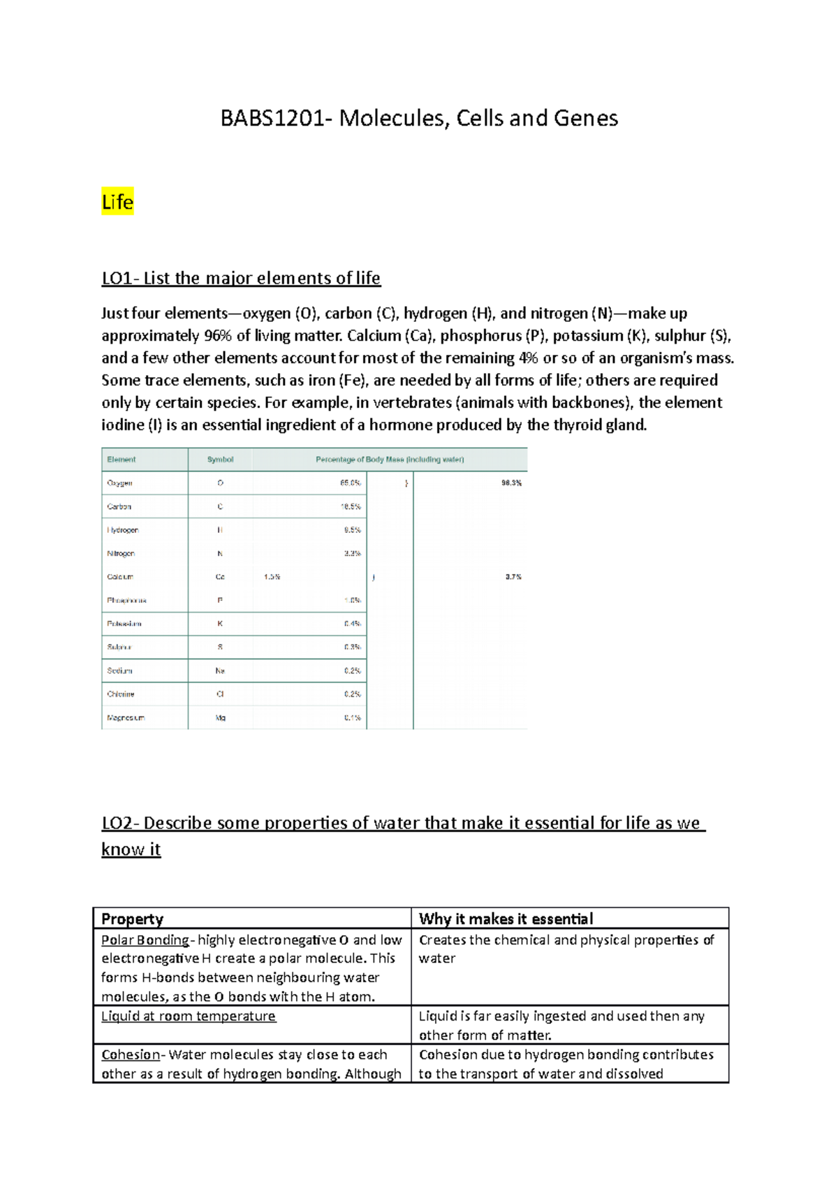 Molecules, Cells and Genes Notes - BABS1201- Molecules, Cells and Genes ...
