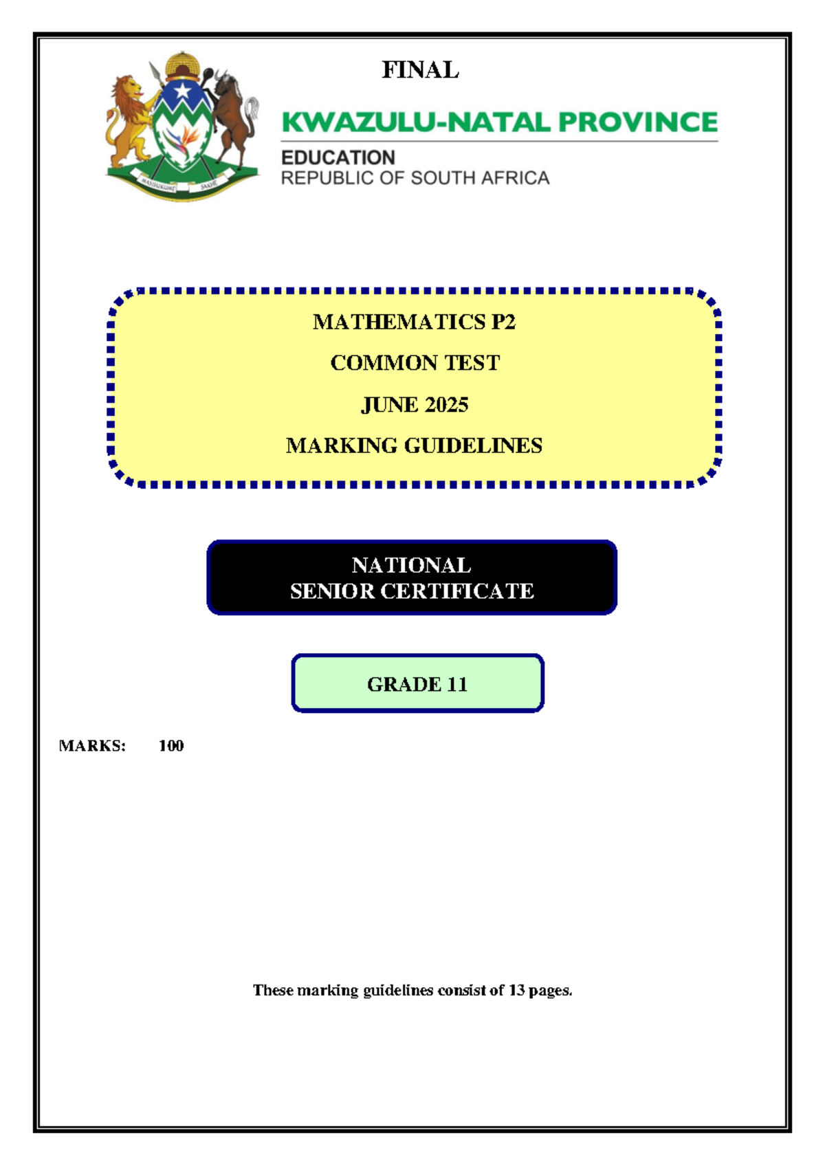 MG KZN Mathematics P2 Grade 11 June 2025 Final Exam Marking Guidelines ...