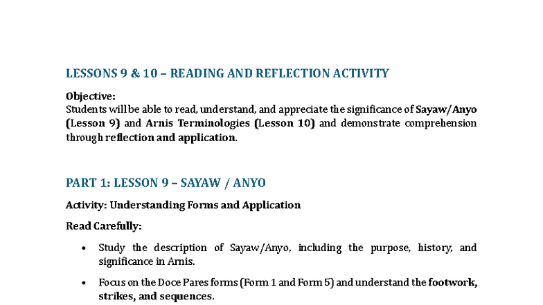 LESSONS 9 & 10: READING AND REFLECTION ON ARNIS TERMINOLOGIES - Studocu