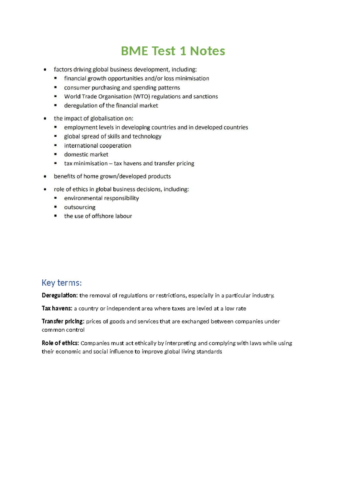 BME 101 Test 1 Notes: Key Terms and Global Business Insights - Studocu