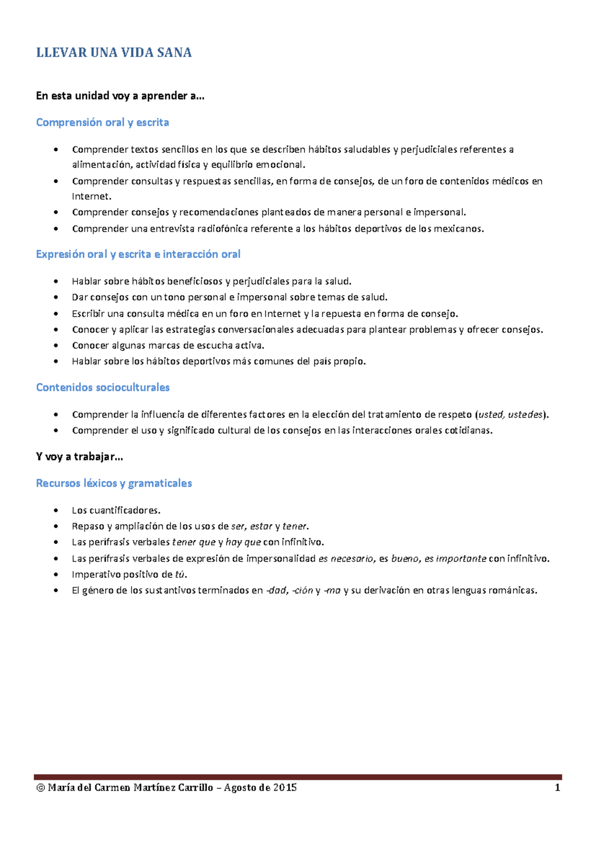 Unidad Didáctica ELE: Hábitos Saludables y Consejos Médicos - Studocu
