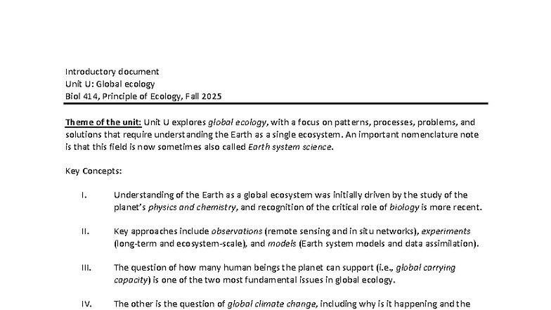 Global Ecology Overview: Key Concepts & Studies (Biol 414, Fall 2025) - Studocu