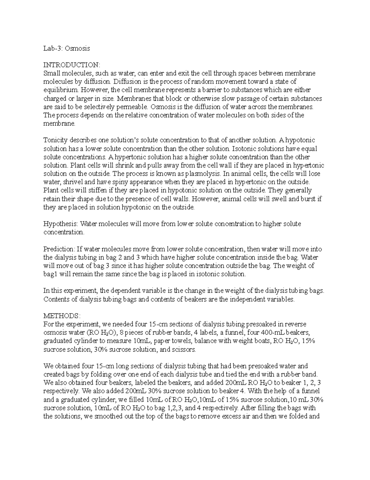 Lab 3: Understanding Osmosis - Bio Sci 150 Lab Report 3 - Studocu