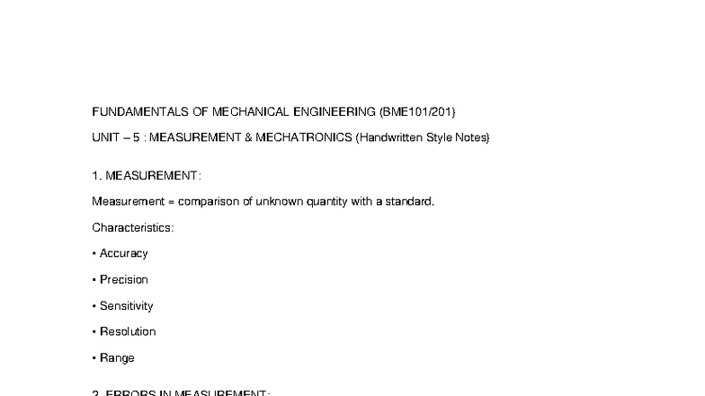 ME 101: Unit 5 Handwritten Notes on Measurement & Mechatronics - Studocu
