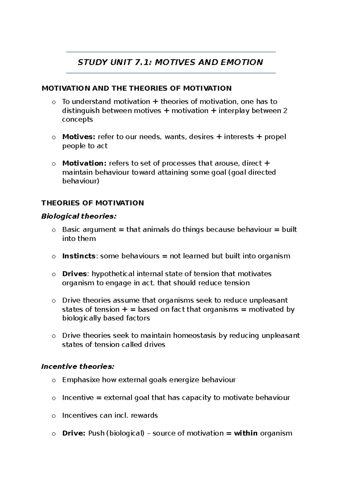 Study Unit 7.1: Motives, Emotions, and Theories of Motivation - Studocu