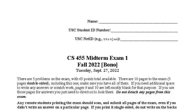 F22MT1 - CS 455 Midterm Exam 1 Overview and Instructions - Studocu
