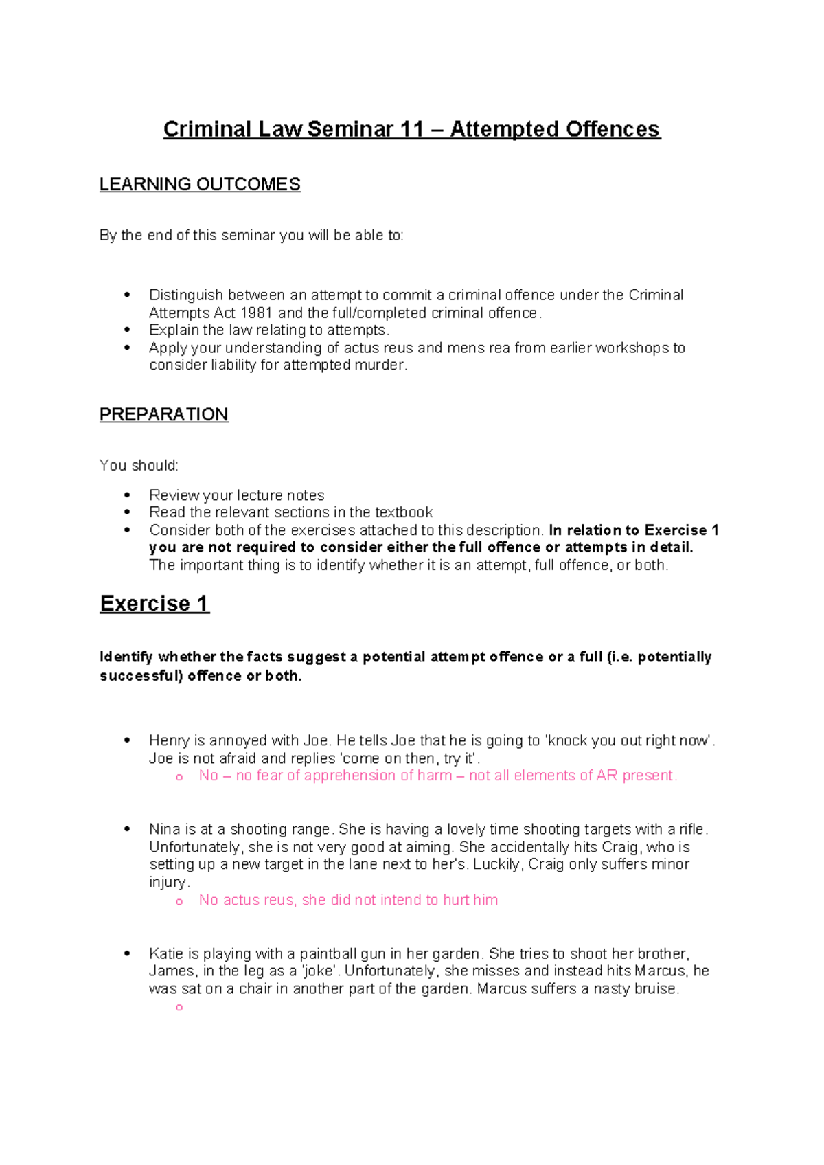 Crim LLB Sem 11 - Seminar Notes on Attempted Offences - Studocu