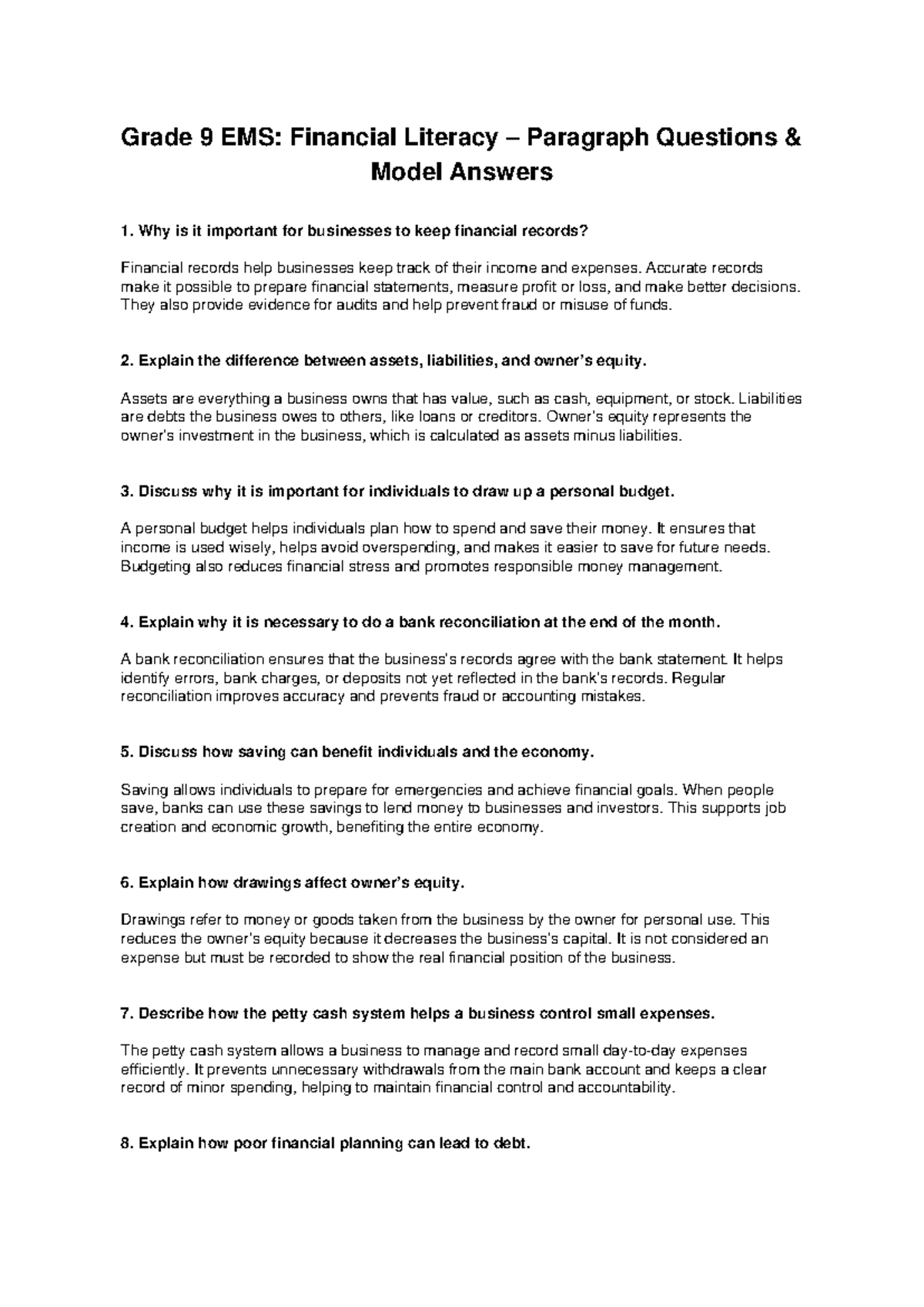 Grade 9 EMS: Financial Literacy Q&A Model Responses - Studocu