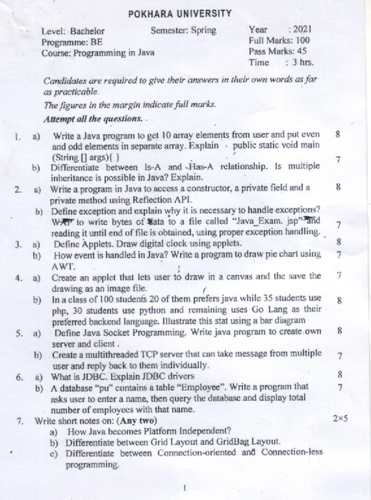 JAVA-21 Spring - Programming in Java Question Paper - Studocu