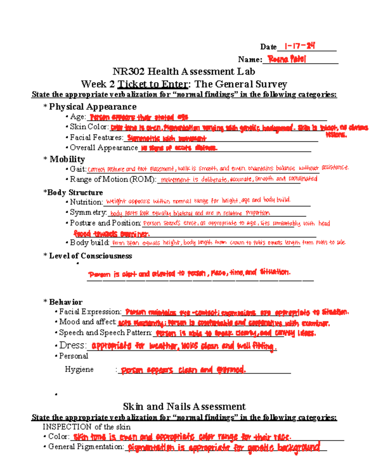 NR302 Week 2 Lab: Normal Findings in Health Assessment & Survey - Studocu