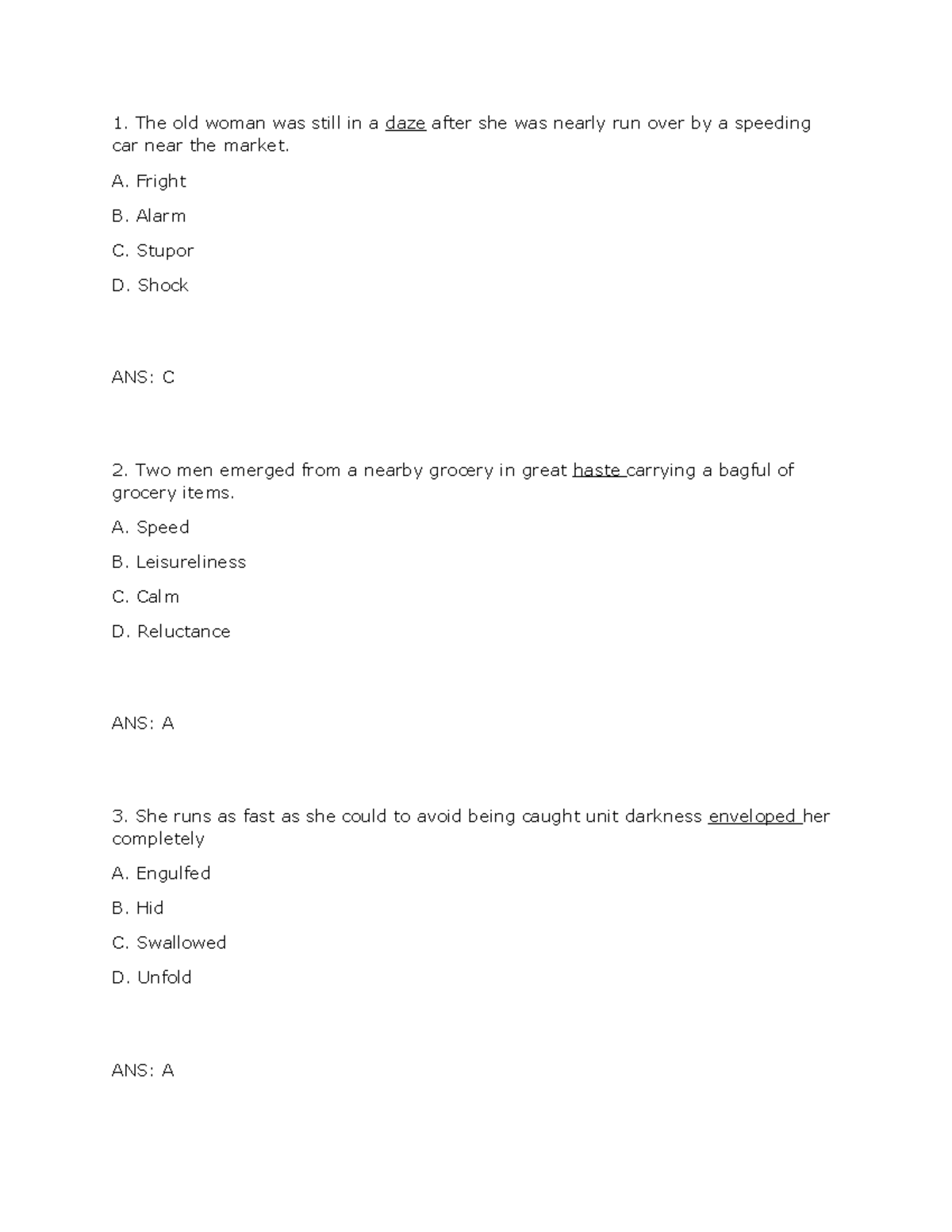 English Vocabulary Part 3: Quiz on Word Meanings and Context - Studocu