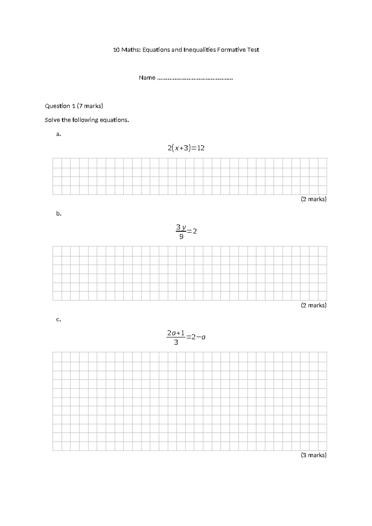 10 Maths: Equations and Inequalities Practice Test - Studocu